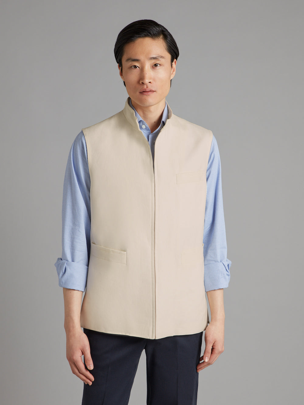 Linen Gilet with Zip - Stone | Men's Linen Gilets | Oliver Brown, London