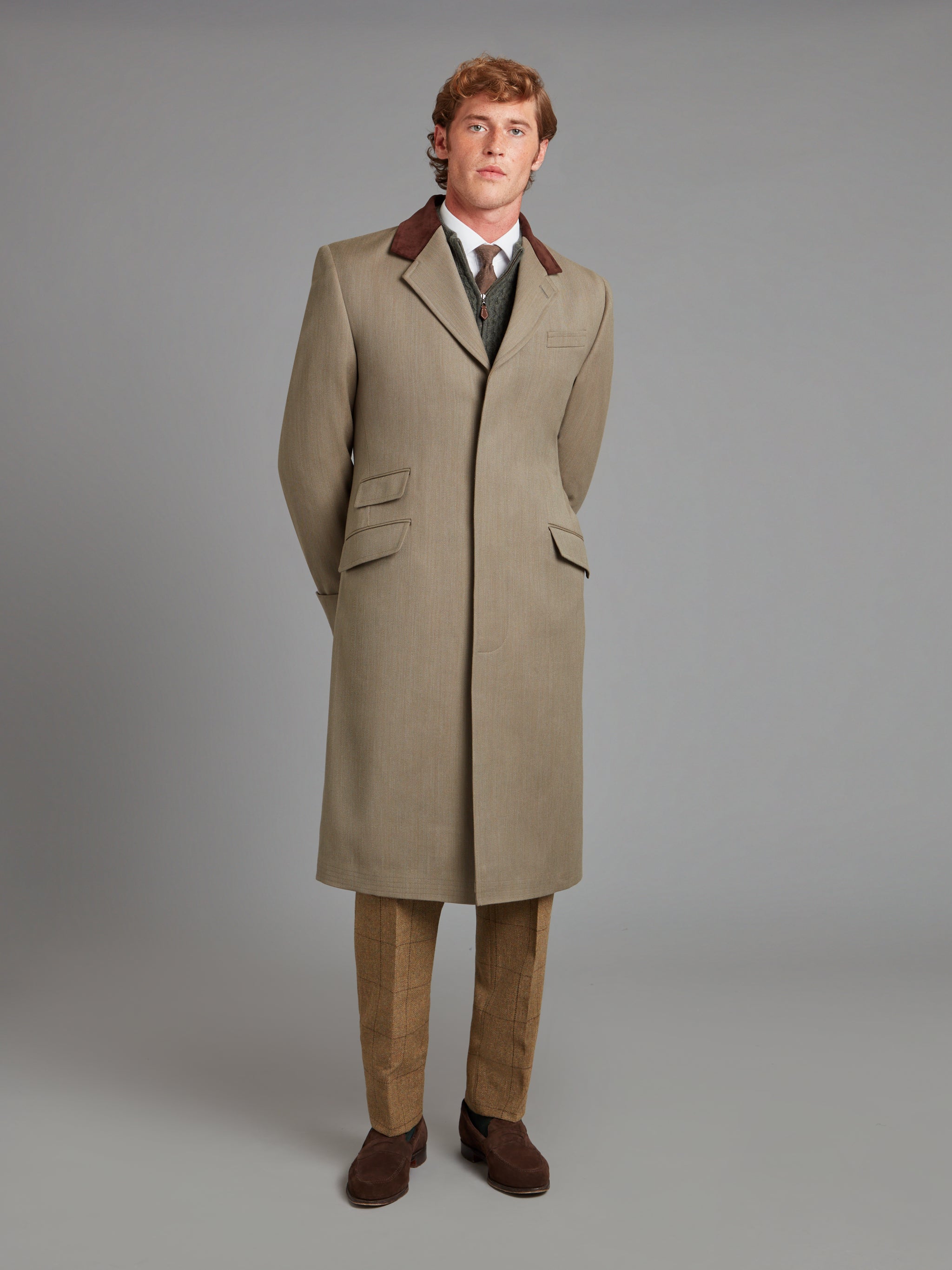 Covert Coat, Velvet Collar - Olive | Men's Covert Coats | Oliver Brown ...