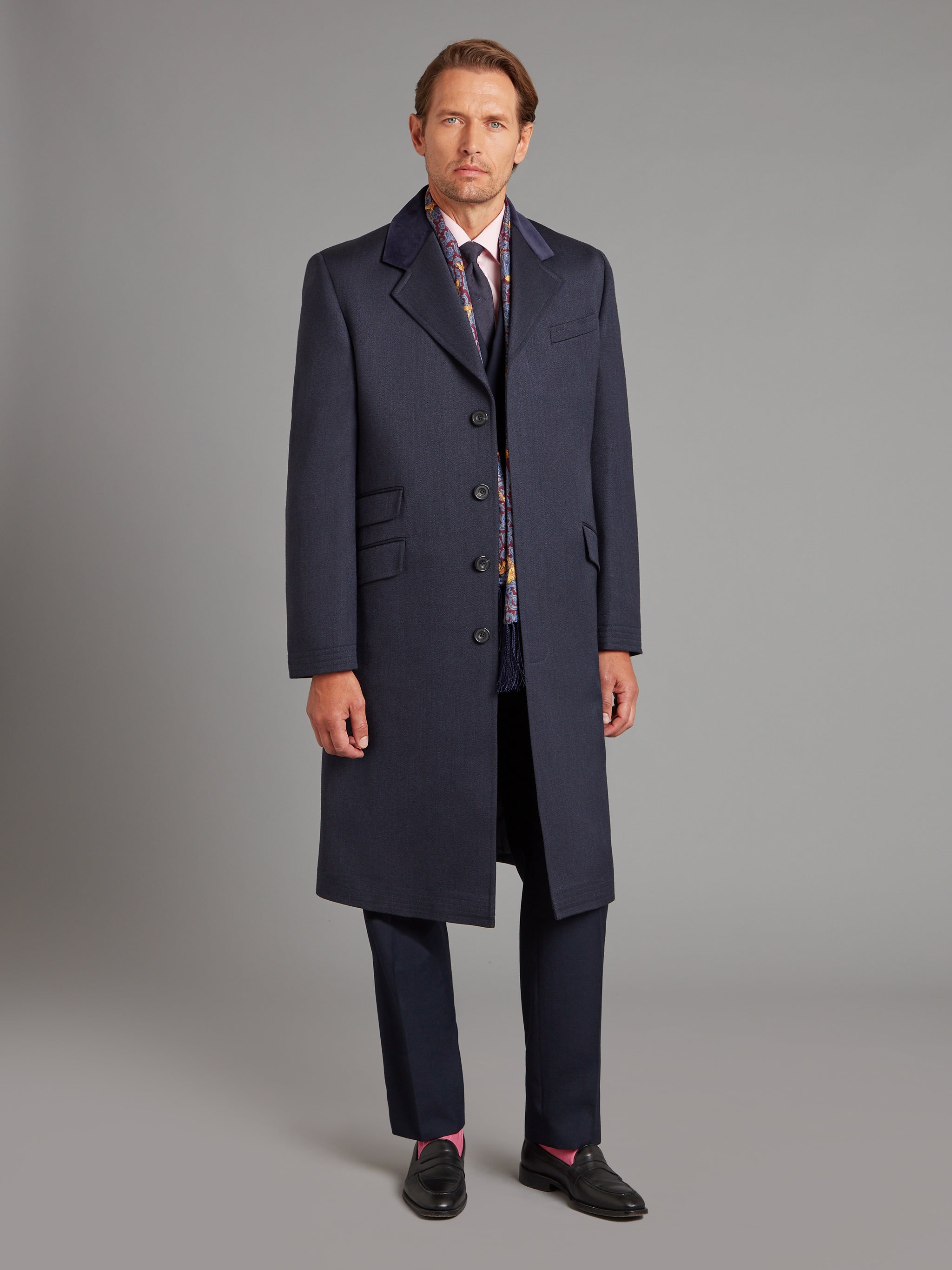 Covert Coat, Velvet Collar - Navy | Men's Wool Overcoat | Oliver Brown ...