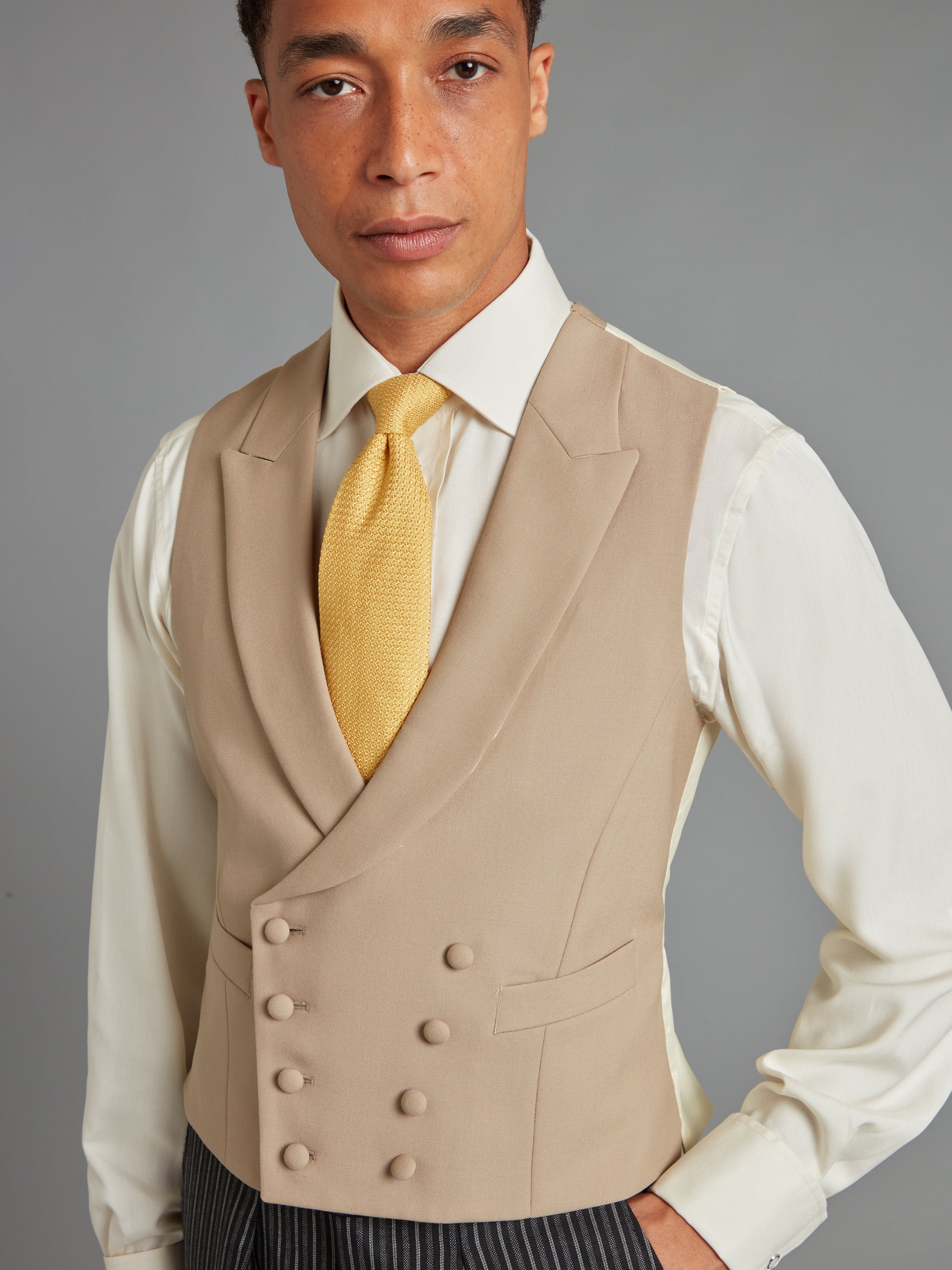 Double Breasted Wool Vest - Buff | Men's Vest | Oliver Brown