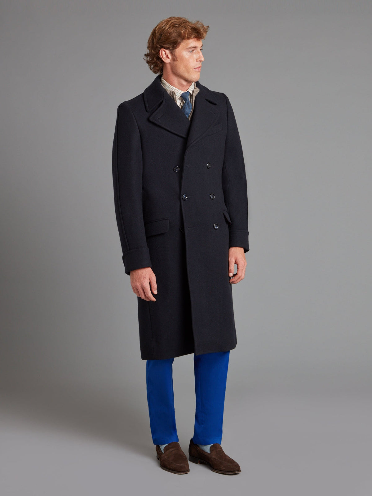 Double Breasted Greatcoat - Navy Herringbone | Men's Overcoats | Oliver ...