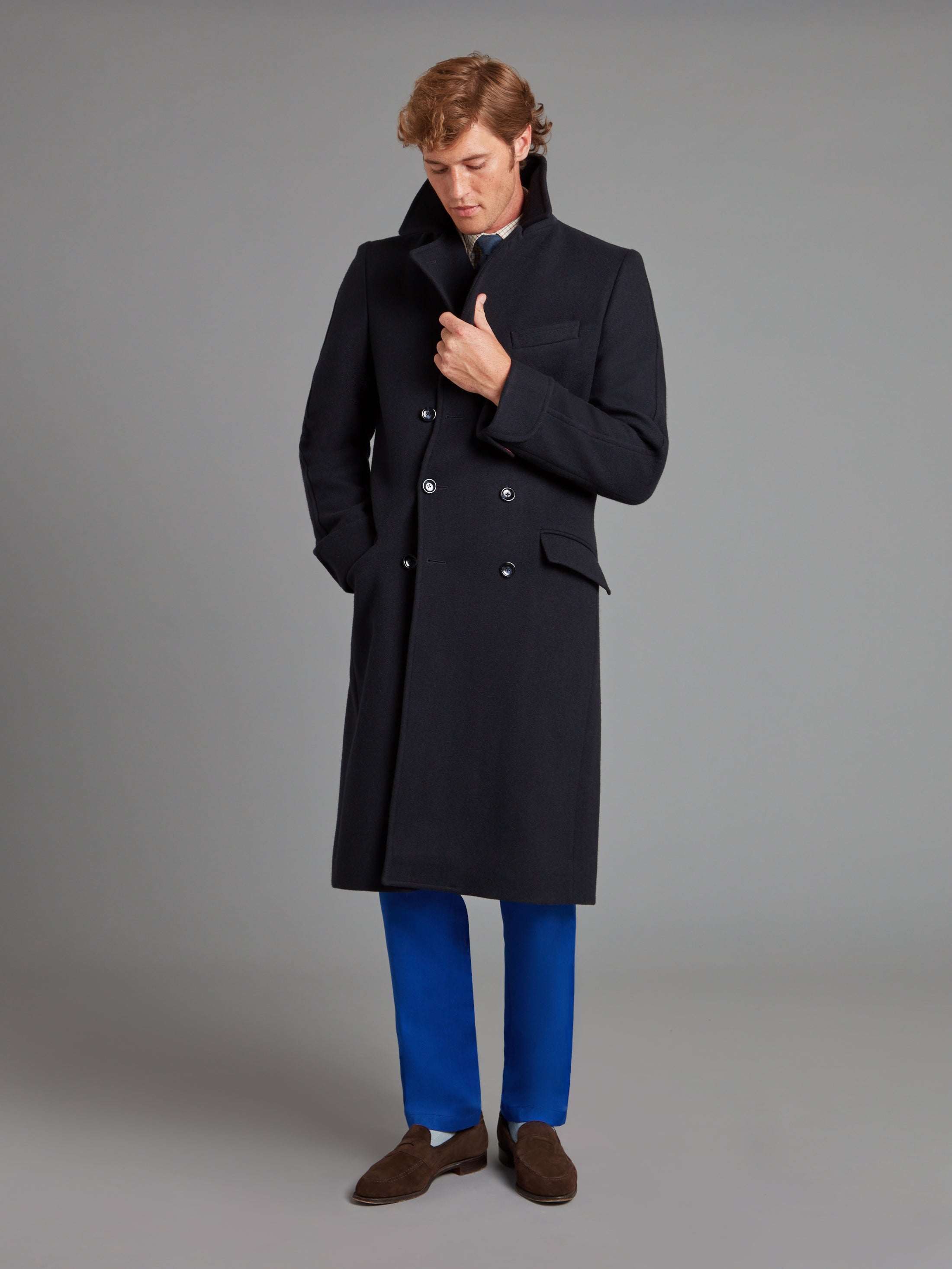Double Breasted Greatcoat - Navy Herringbone | Men's Overcoats | Oliver ...
