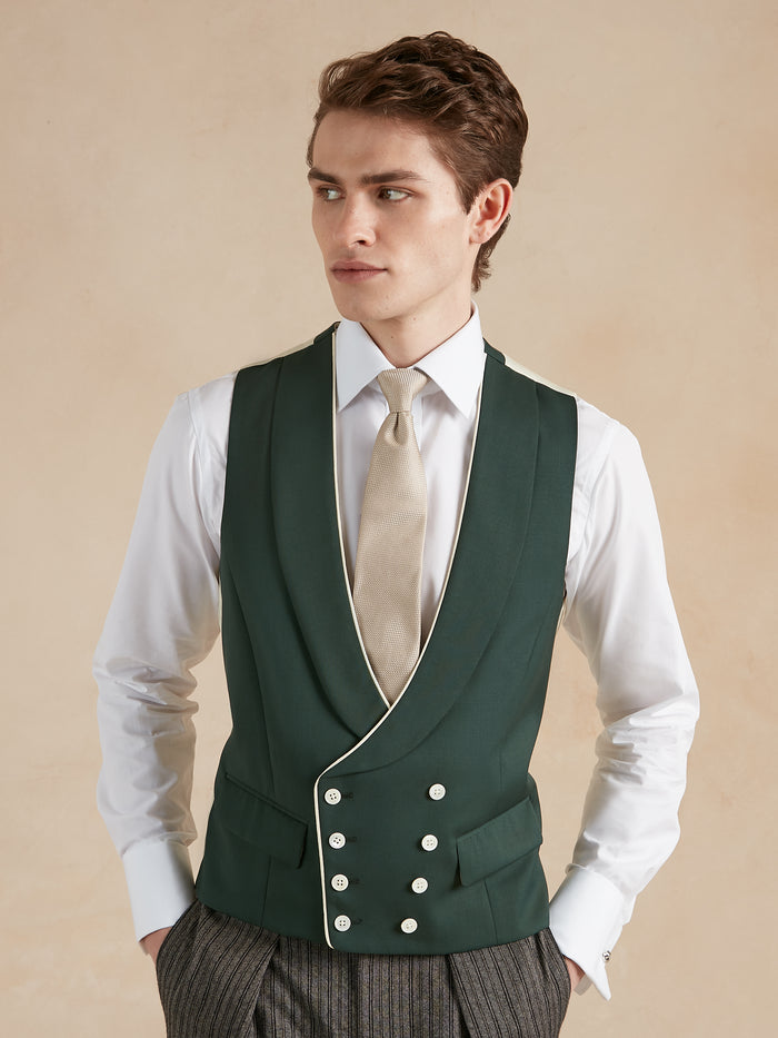 Double Breasted Wool Waistcoat With Piping - Hunter Green | Men's ...