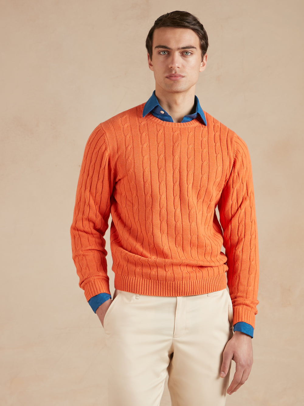 Cable Knit Cotton Cashmere Crew Neck Jumper - Tangerine Orange | Men's ...