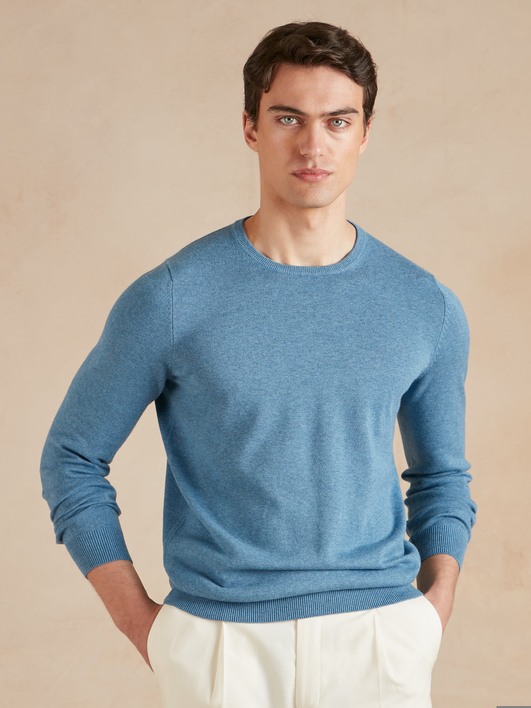 Lightweight Cotton Cashmere Crew Neck Jumper - Sky Blue | Men's Crew ...