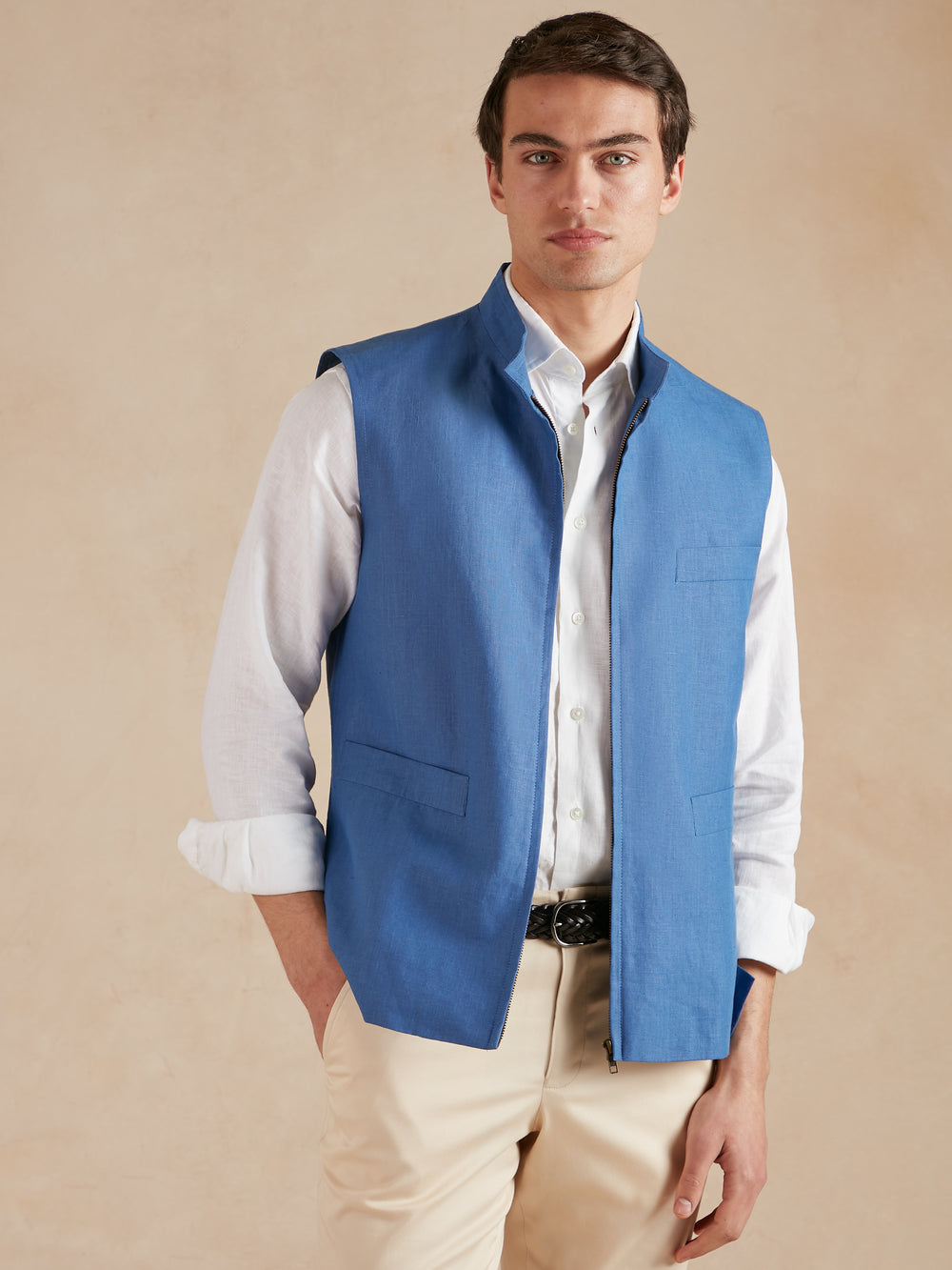 Linen Gilet with Zip - Cobalt Blue | Men's Linen Gilets | Oliver Brown ...