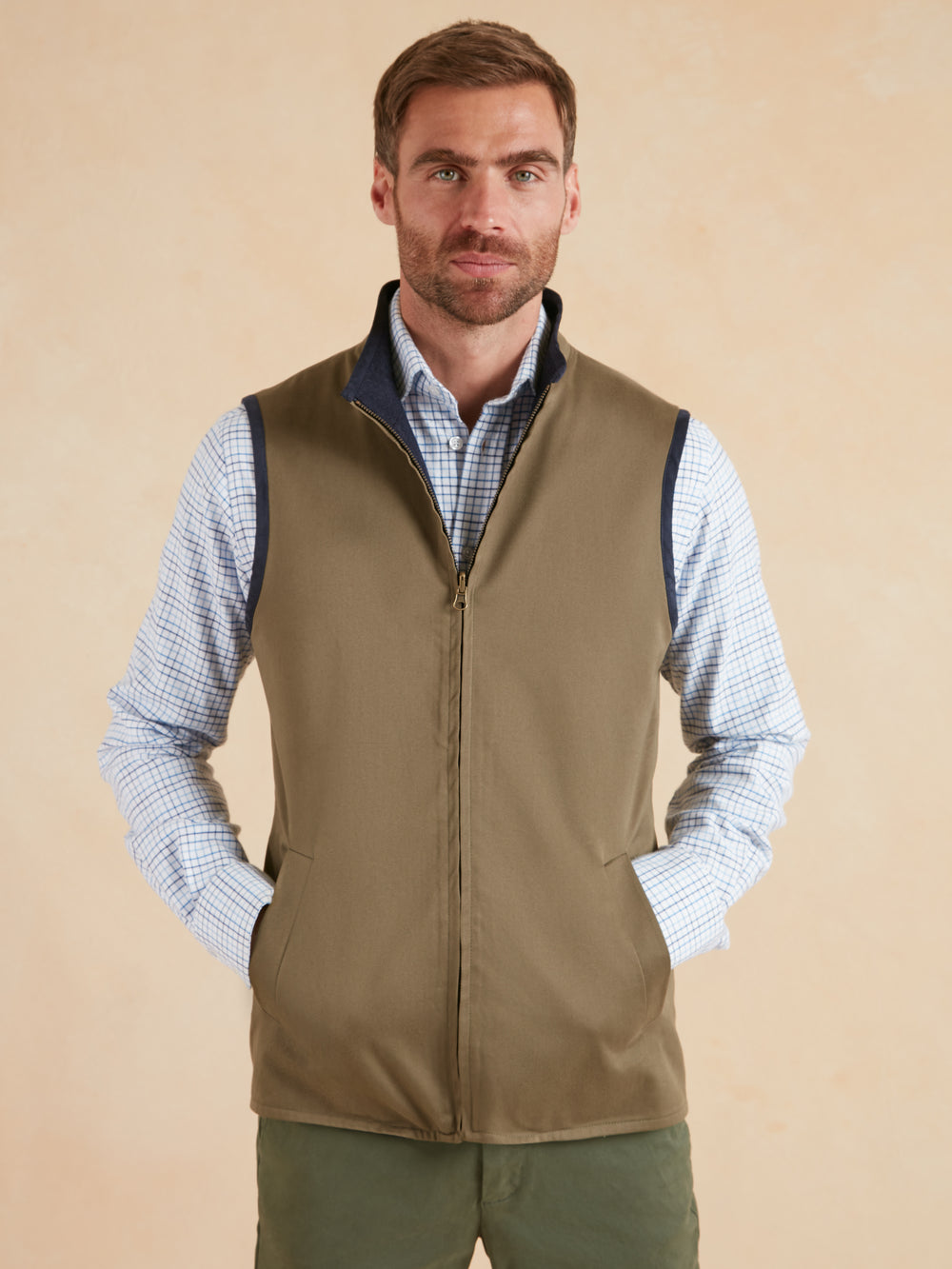 Reversible Wool and Cotton Gilet - Navy & Olive | Men's Gilets | Oliver ...