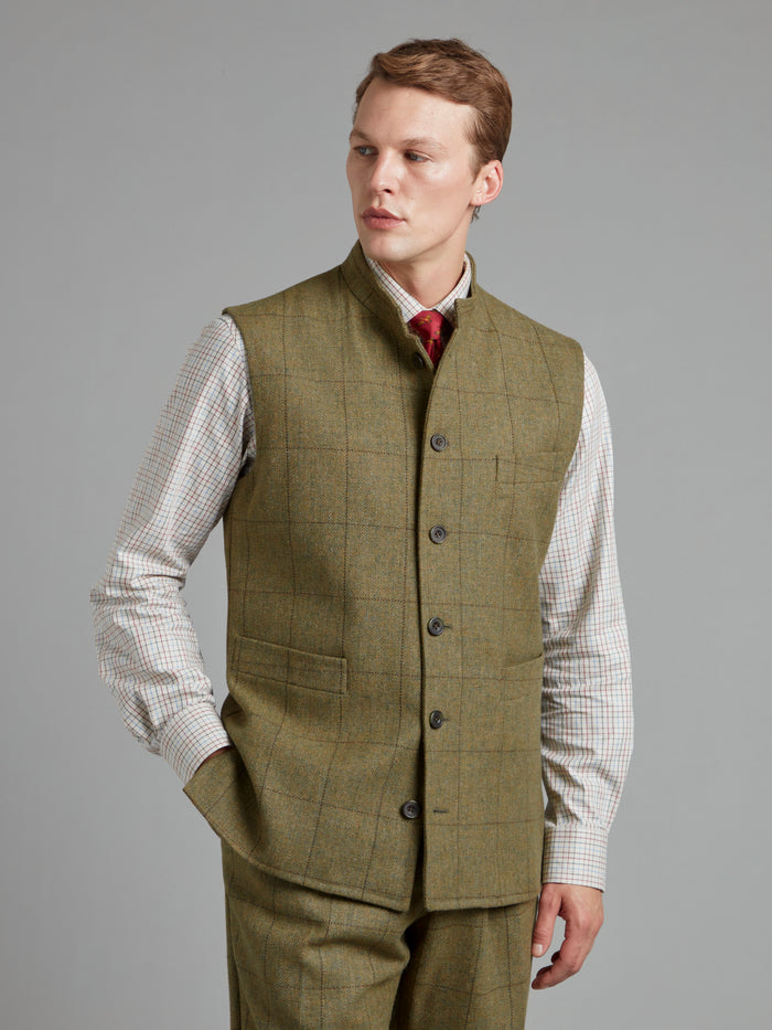 Gilet - Moss Windowpane Tweed | Men's Tweed Gilets | Oliver Brown, London