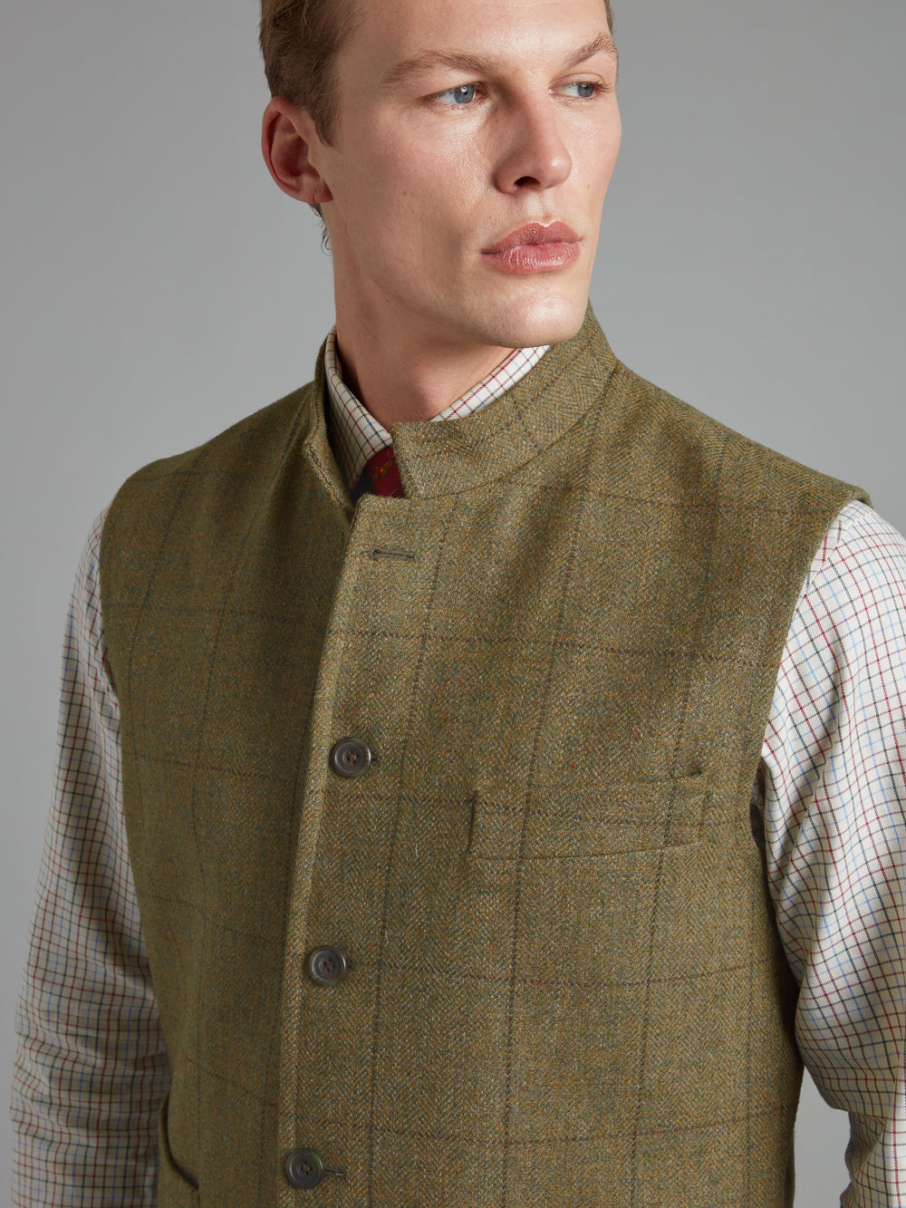 Gilet - Moss Windowpane Tweed | Men's Tweed Gilets | Oliver Brown, London